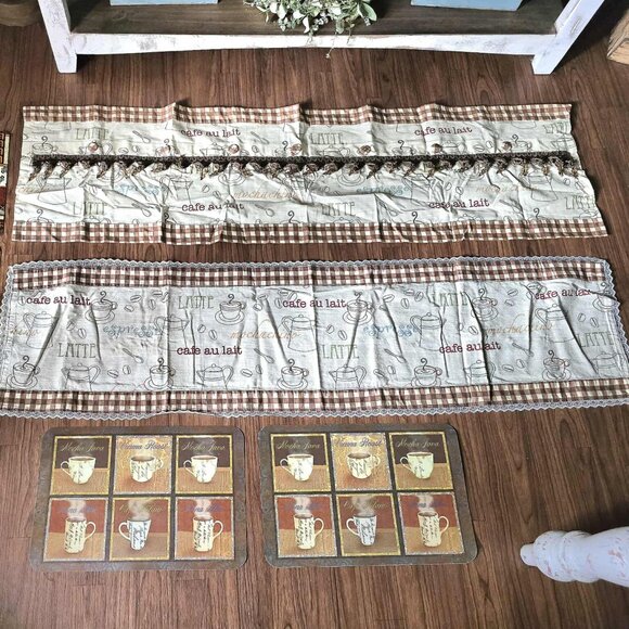 Dining | Coffee Themed Button Valance Table Runner 4 Placemats Latte ...